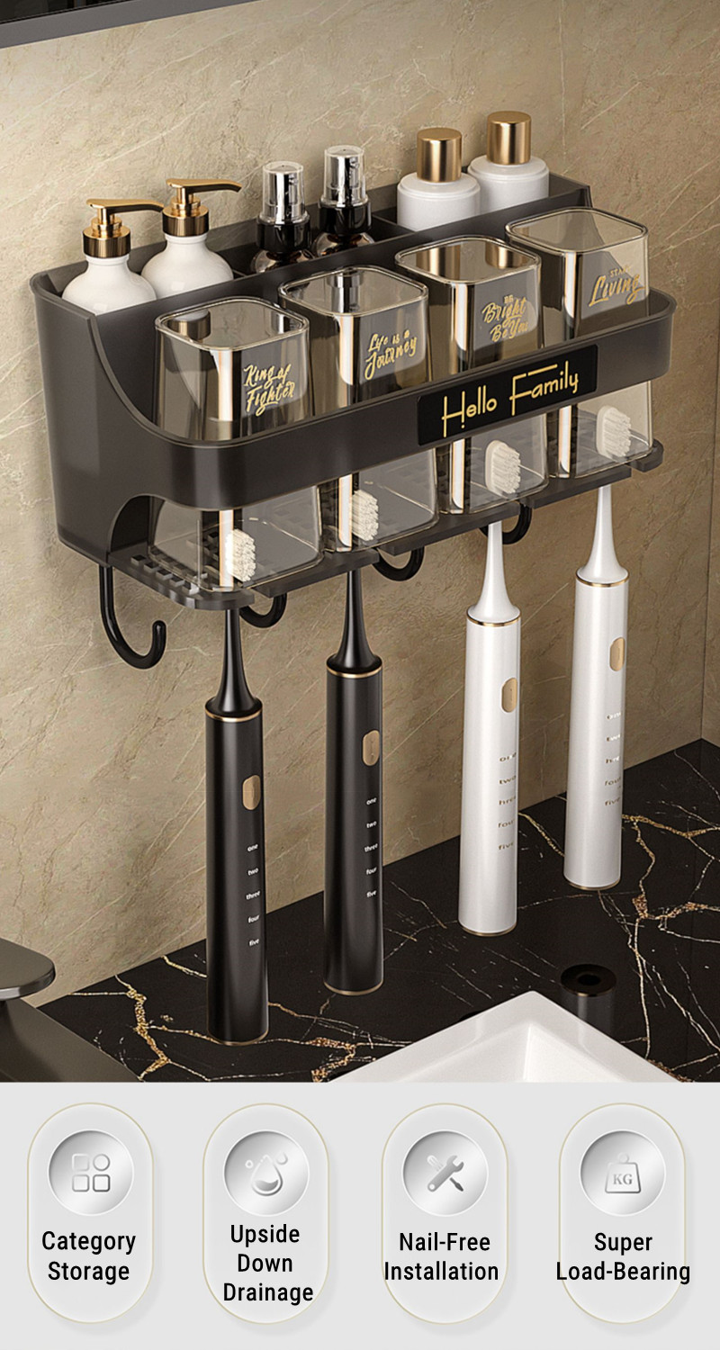 [FUN] Toothbrush Holder Black Nail-Free Bathroom Shelf 2 Cups/3 Cups/4 ...