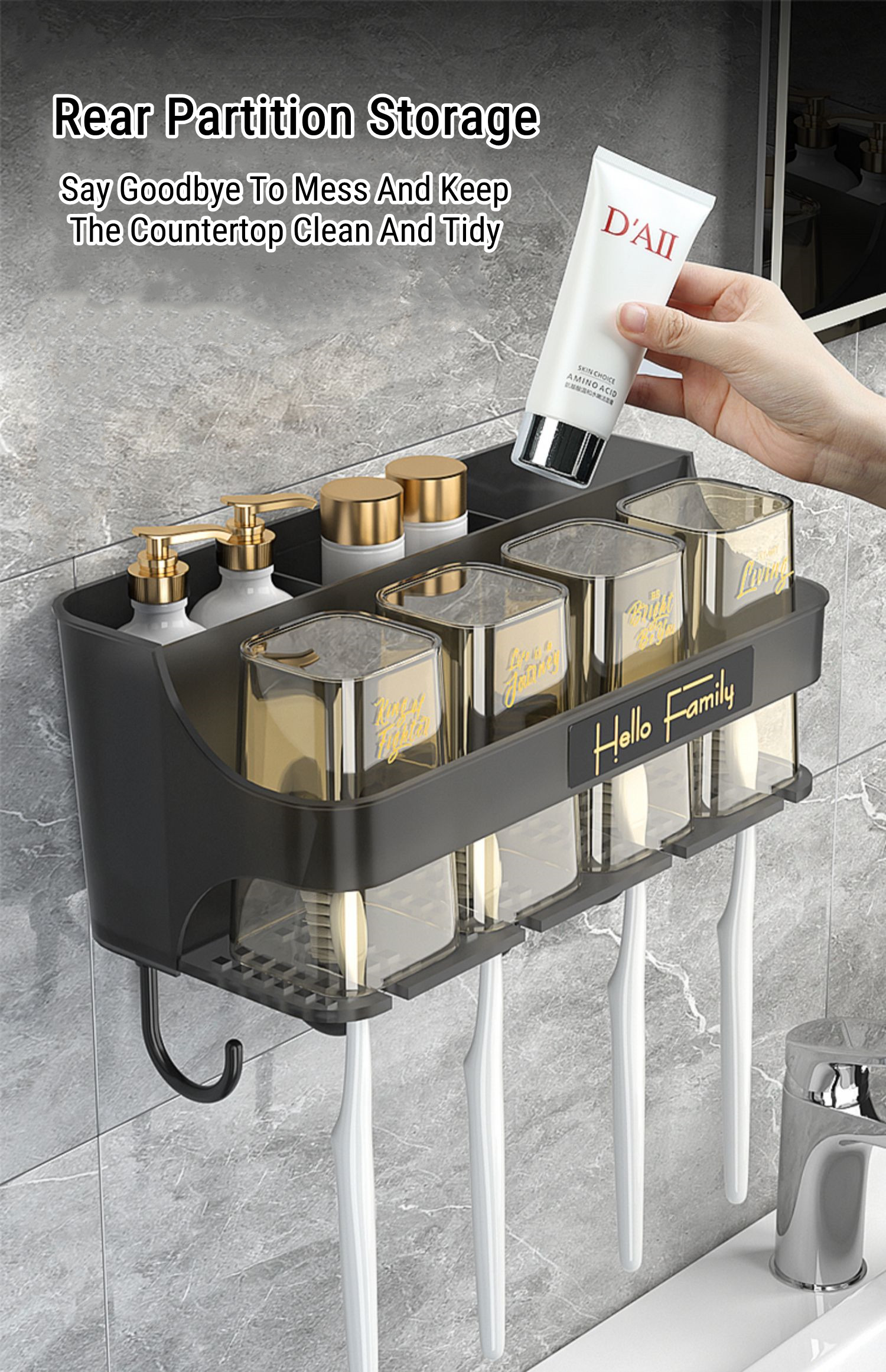 [FUN] Toothbrush Holder Black Nail-Free Bathroom Shelf 2 Cups/3 Cups/4 ...