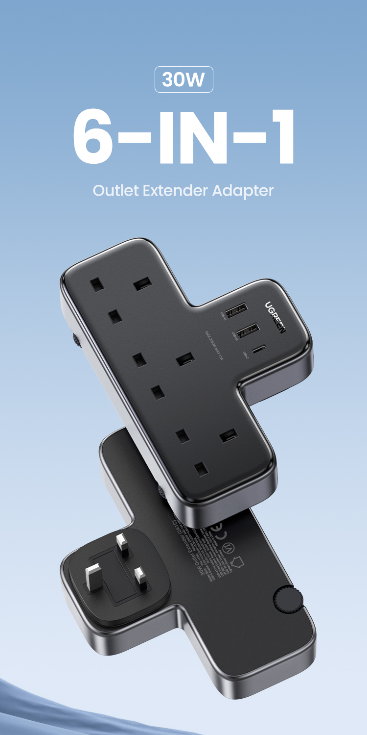 Ugreen PD30W 6-in-1 Fast Charging USB-A USB-C Extension Socket Wall ...