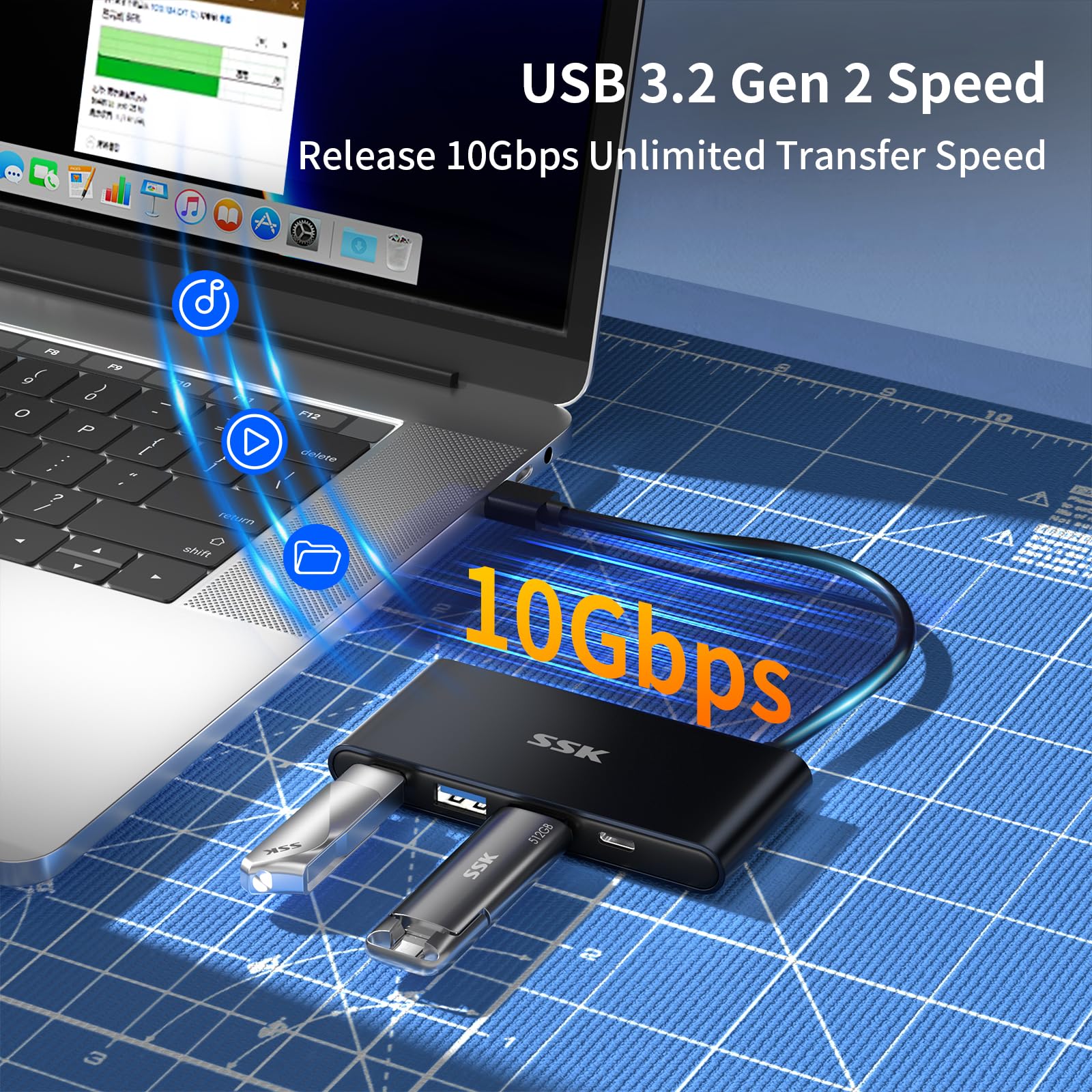 SSK 1050MB/s 4 in 1 USB Port HUB USB3.2 Multiport Adapter MacBook ...