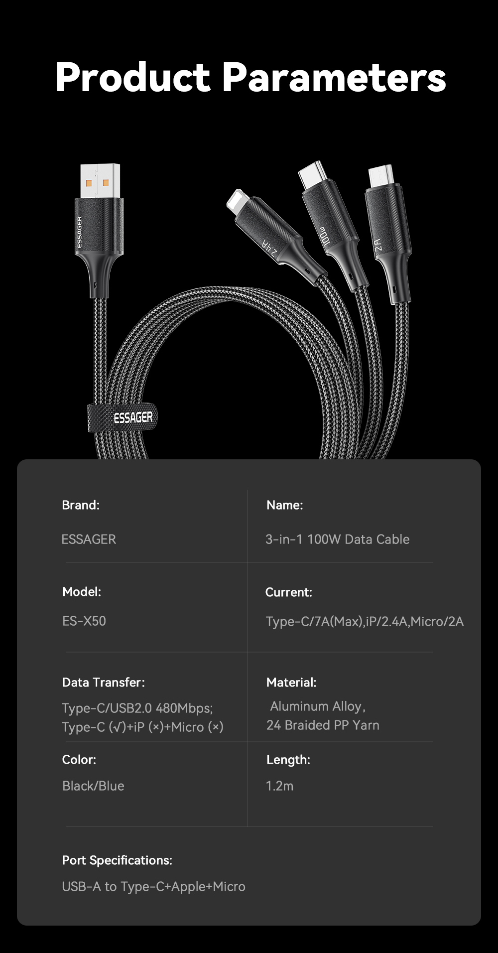 Essager 100W 3 IN 1 Fast Charging Data Cable Suitable For Type C Ports Micro Ports And IP Ports ...