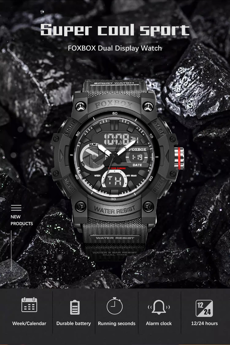 FOXBOX New Digital Watch Men 2.16inch Big Dial Dual Display Outdoors ...