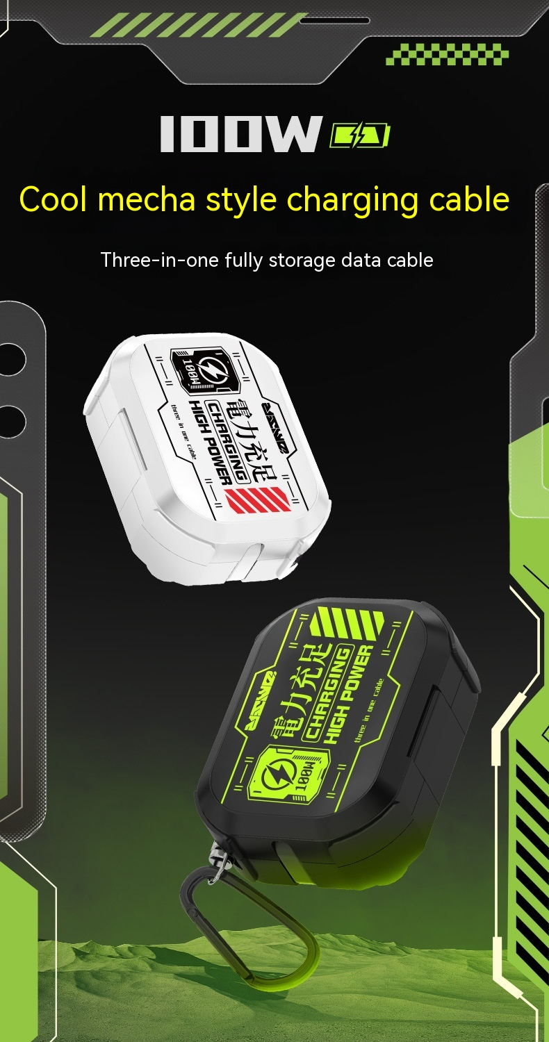 100W Mecha Wind Super Fast Charging Cable 3 In 1 Telescopic Data Cable ...