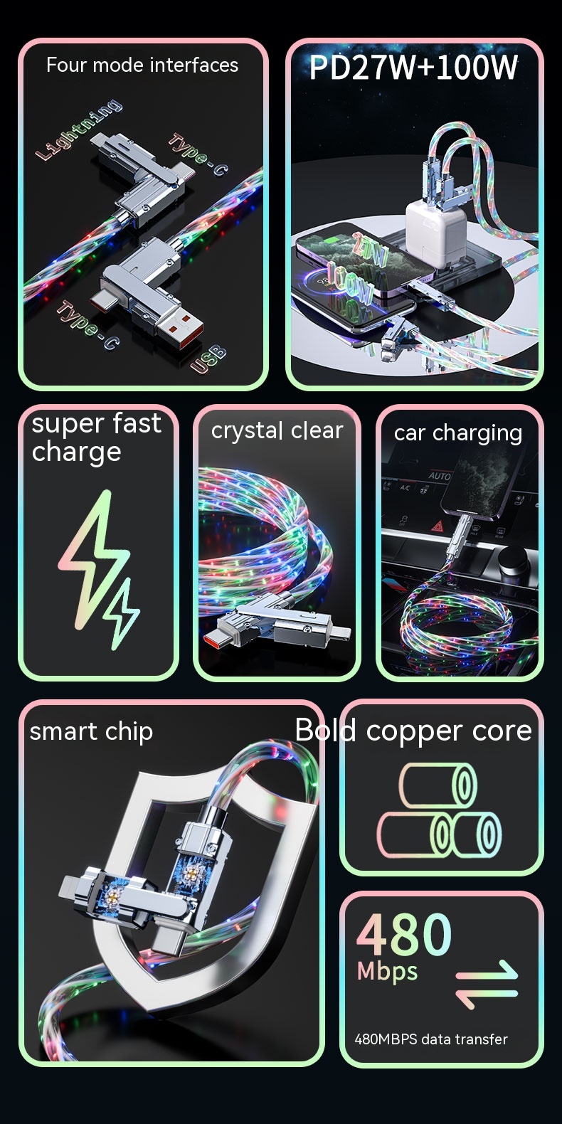 2 IN 2 100W Star Air Super Fast Charge Cable 4 In 1 Alloy Car Streamer ...
