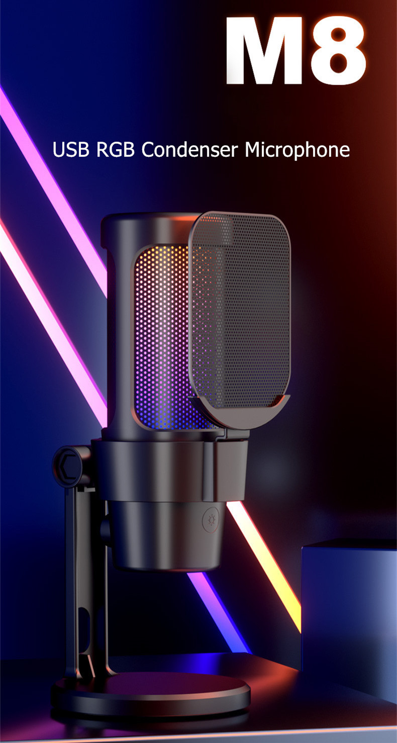 M8 USB Condenser Microphone RGB Gaming Electronic Sports Recording Live ...