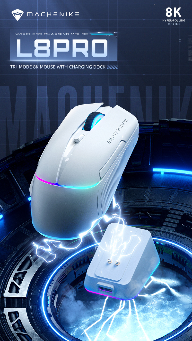 Machenike L8 Pro 8K Tri-Mode Mouse With Charging Dock PAW3395 26000 DPI ...