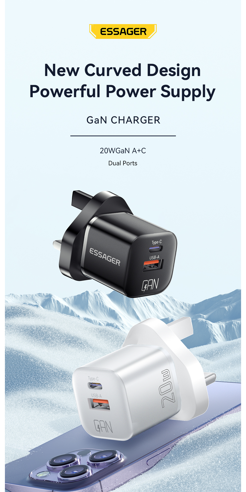 Essager 20w Gan usb charger fast charging type c travel charger support PD QC 3.0 compatible ...