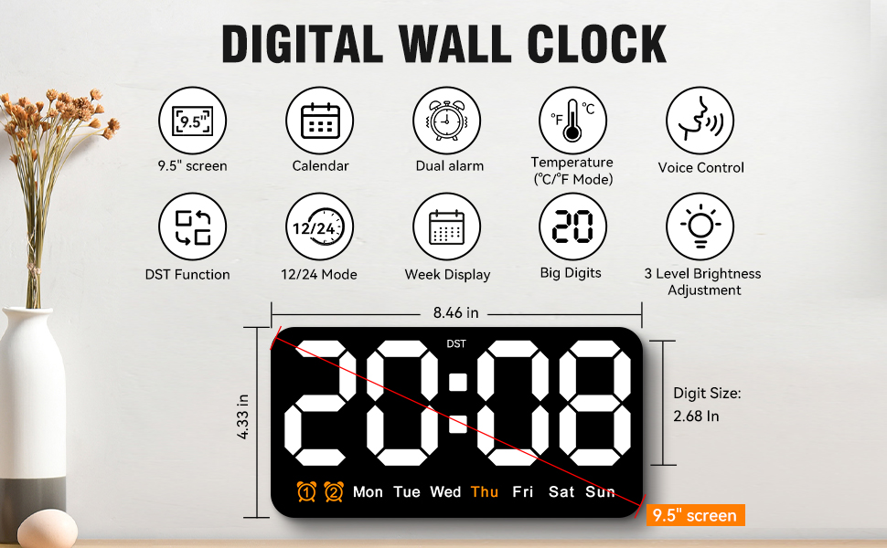 Digital Wall Clock 9" LED Digital Alarm Clock Large Display with 12/24H ...