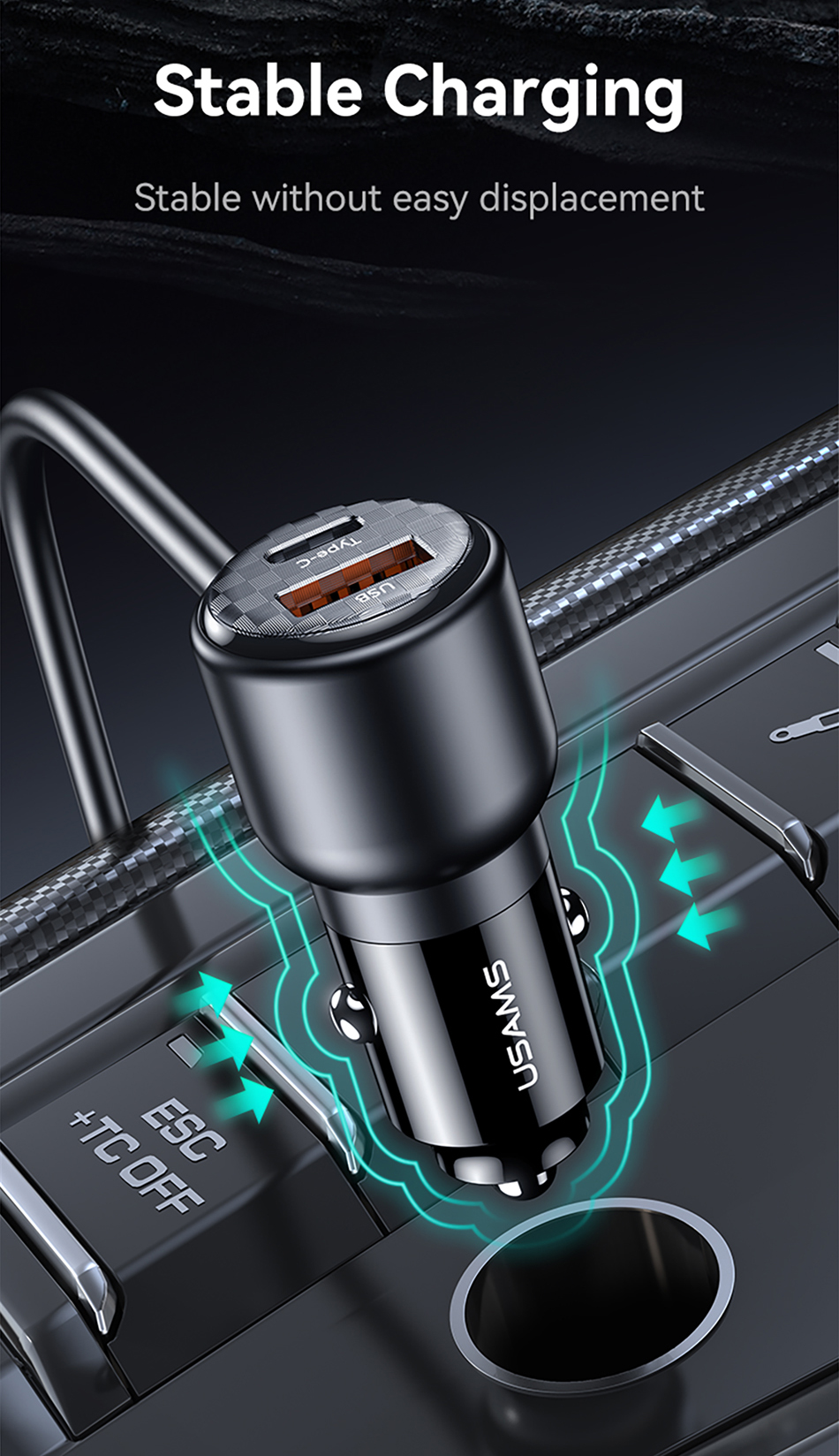 USAMS C40 165W 2C+3U 5 Ports Digital Display Car Charger Quick Charger QC PD 3.0 Type C USB ...