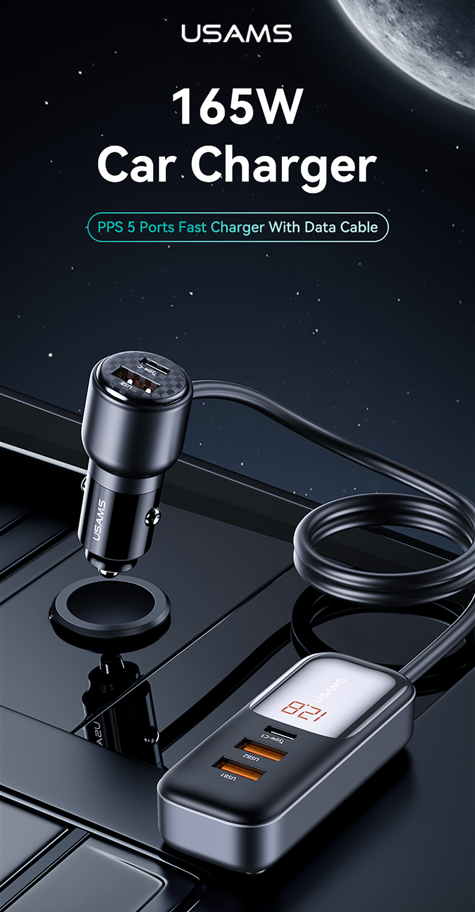 USAMS C40 165W 2C+3U 5 Ports Digital Display Car Charger Quick Charger ...