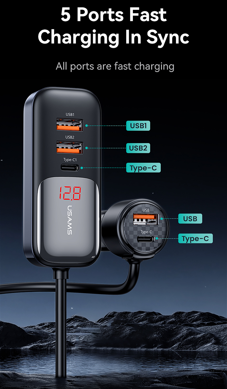 USAMS C40 165W 2C+3U 5 Ports Digital Display Car Charger Quick Charger ...