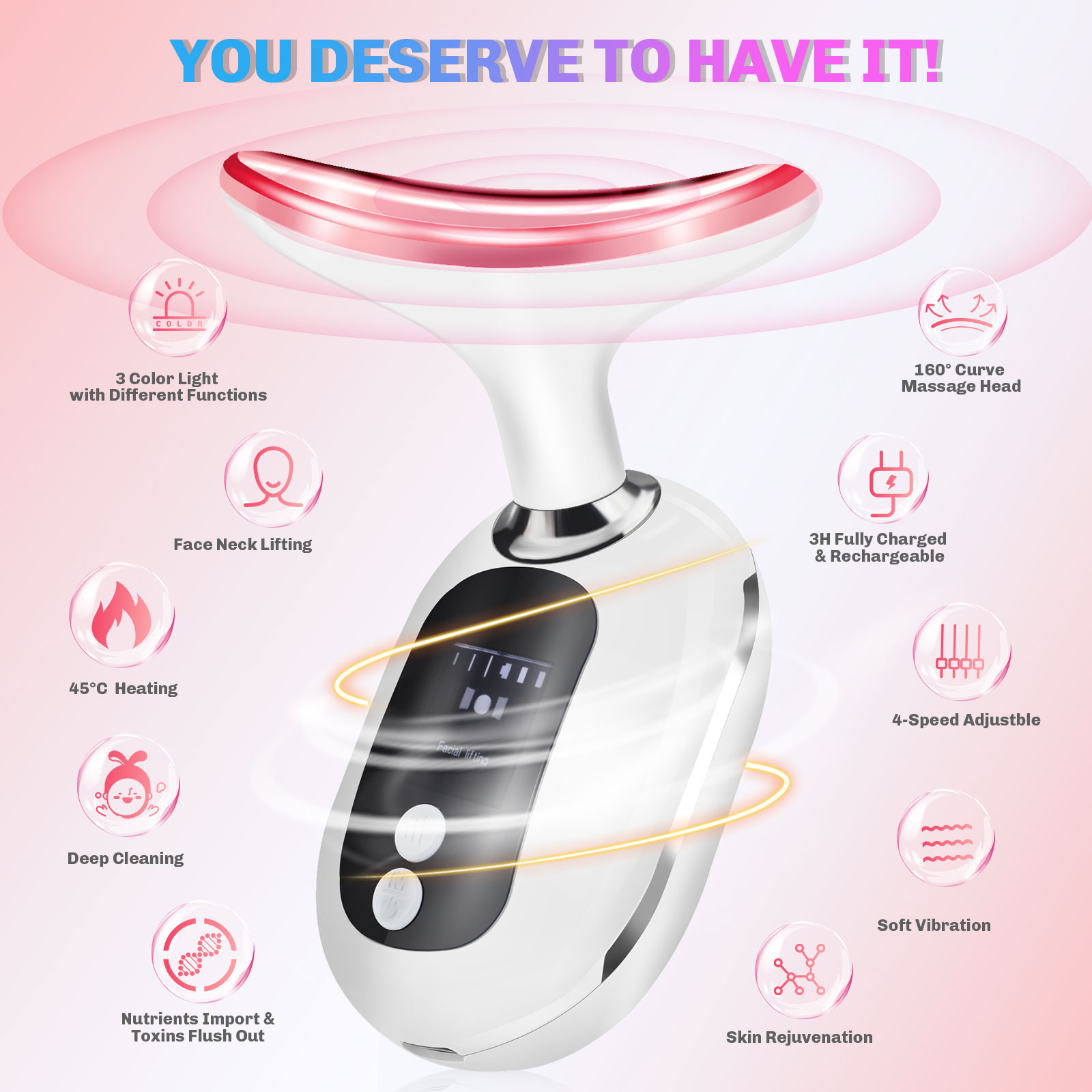Neck Face Beauty Device 3 Colorful LED Lights Photon Therapy Skin ...