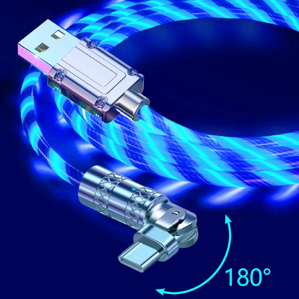120W 6A Super Fast Charging Cable 180 Rotate USB Cord LED Light Type C ...