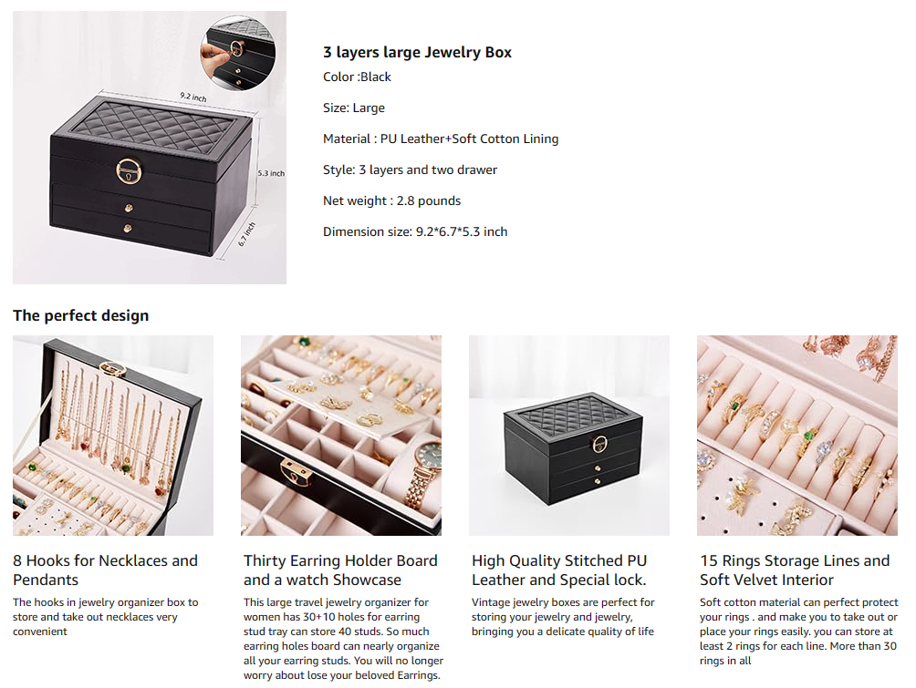 Jewellery Box With Lock Three Layers Large Capacity Leather Necklace ...