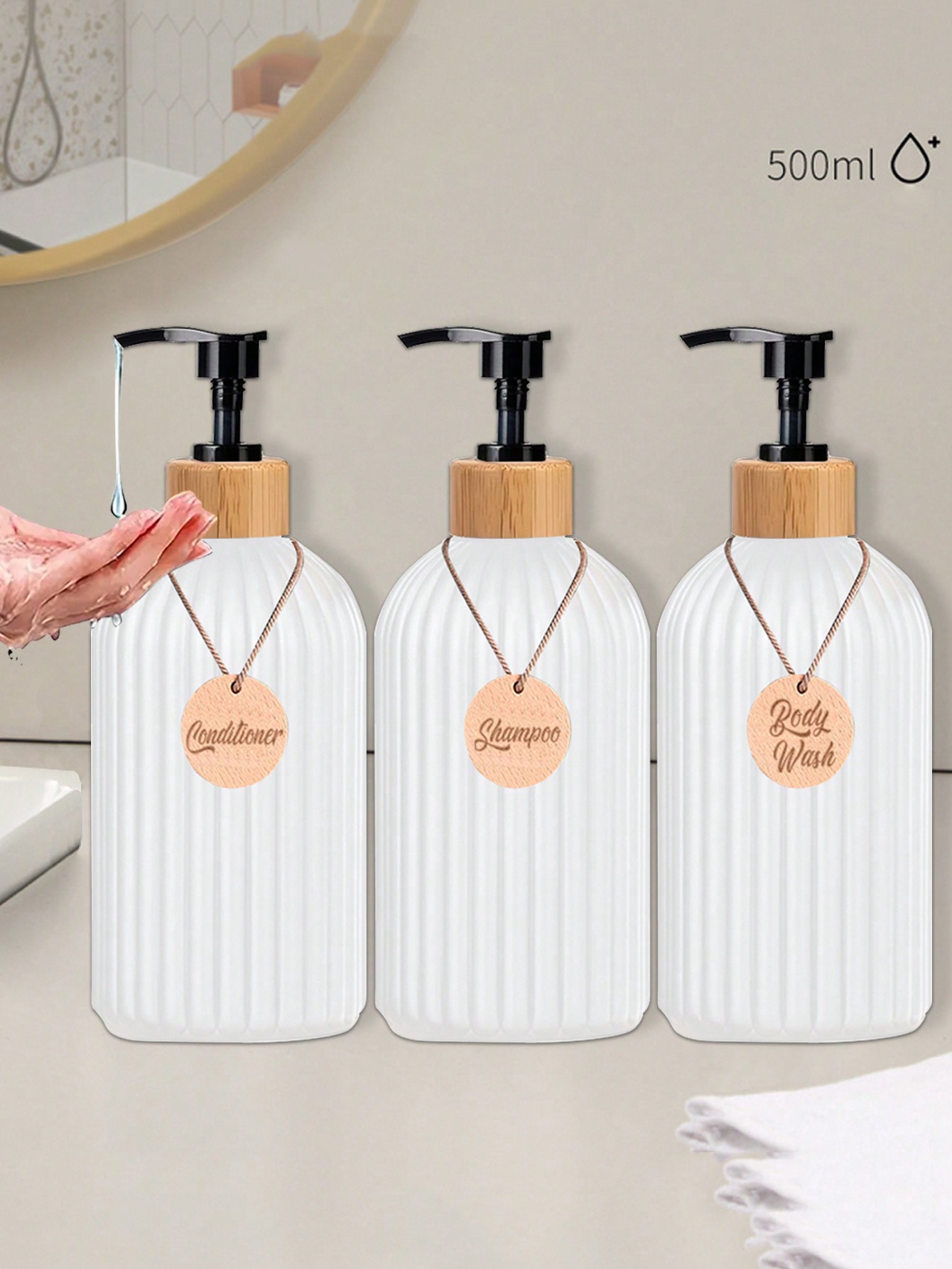 Three 500ML Striped Bottles for Shampoo, Body Wash, and Conditioner ...