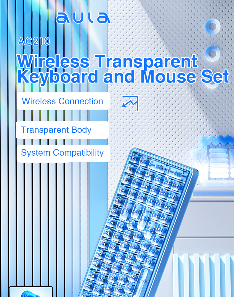 AULA AC210 Keyboard Combo Wireless Transparent Keyboard and Mouse Set 2 ...