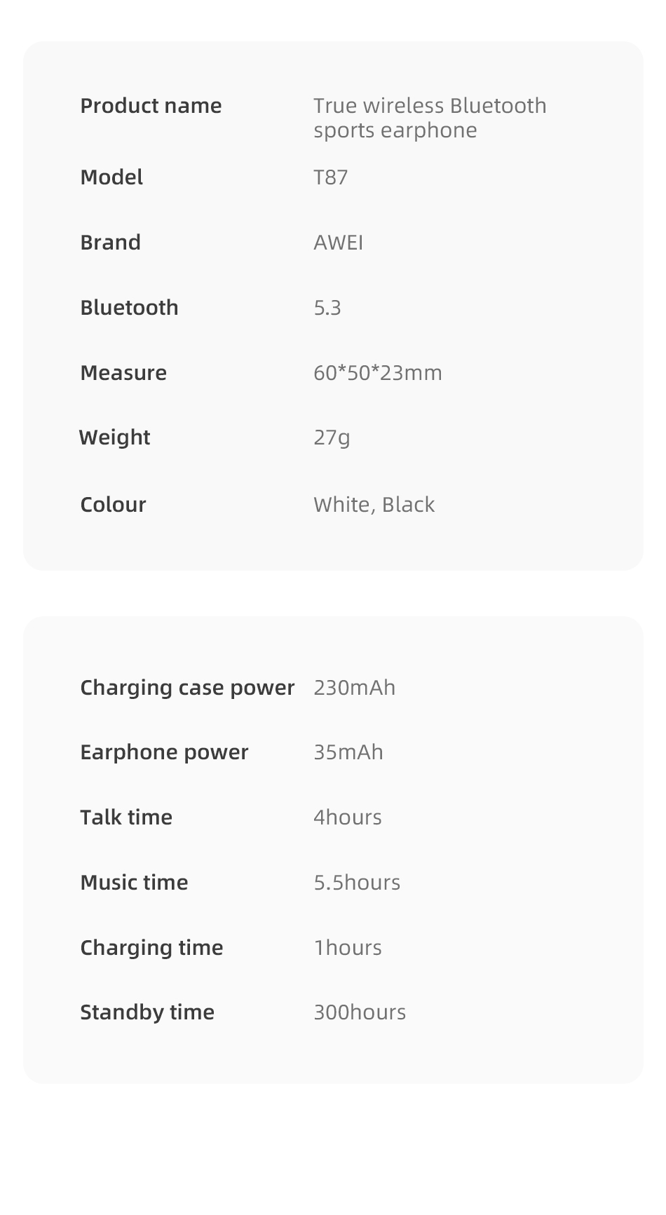 Awei T87 Bluetooth Earphones Wireless Earbuds ENC Call Noise Cancelling ...