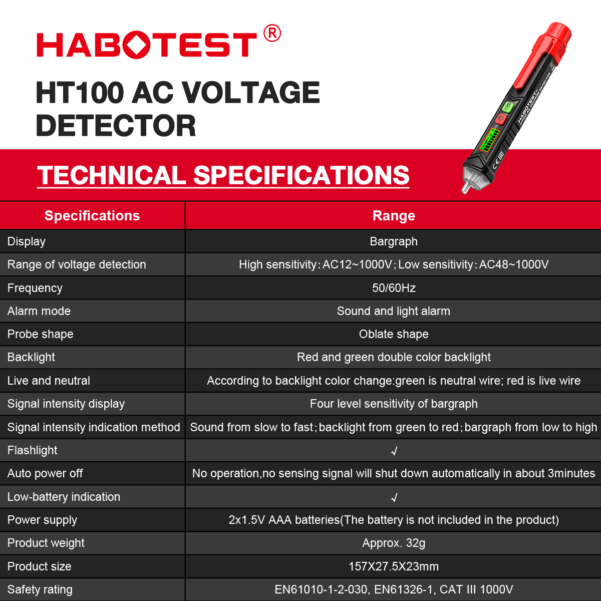 HABOTEST HT100 AC Voltage Test Pen 12V-1000V/48V-1000V Non-contact ...