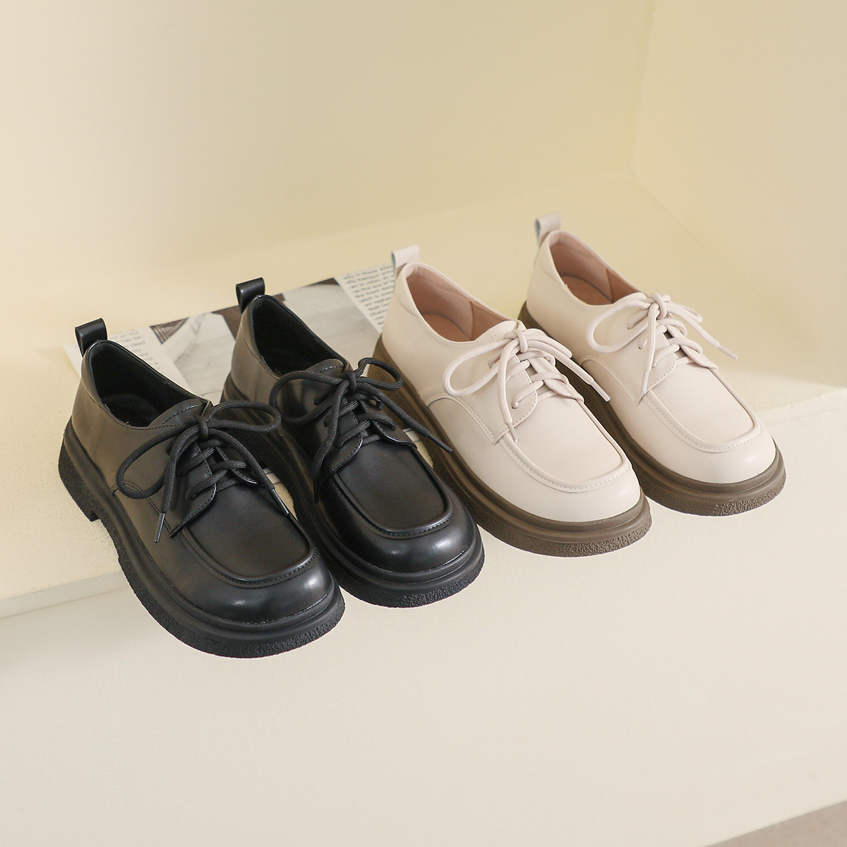 New Black Lace Up Small Leather Shoes For Women's Fashion Thick Sole ...