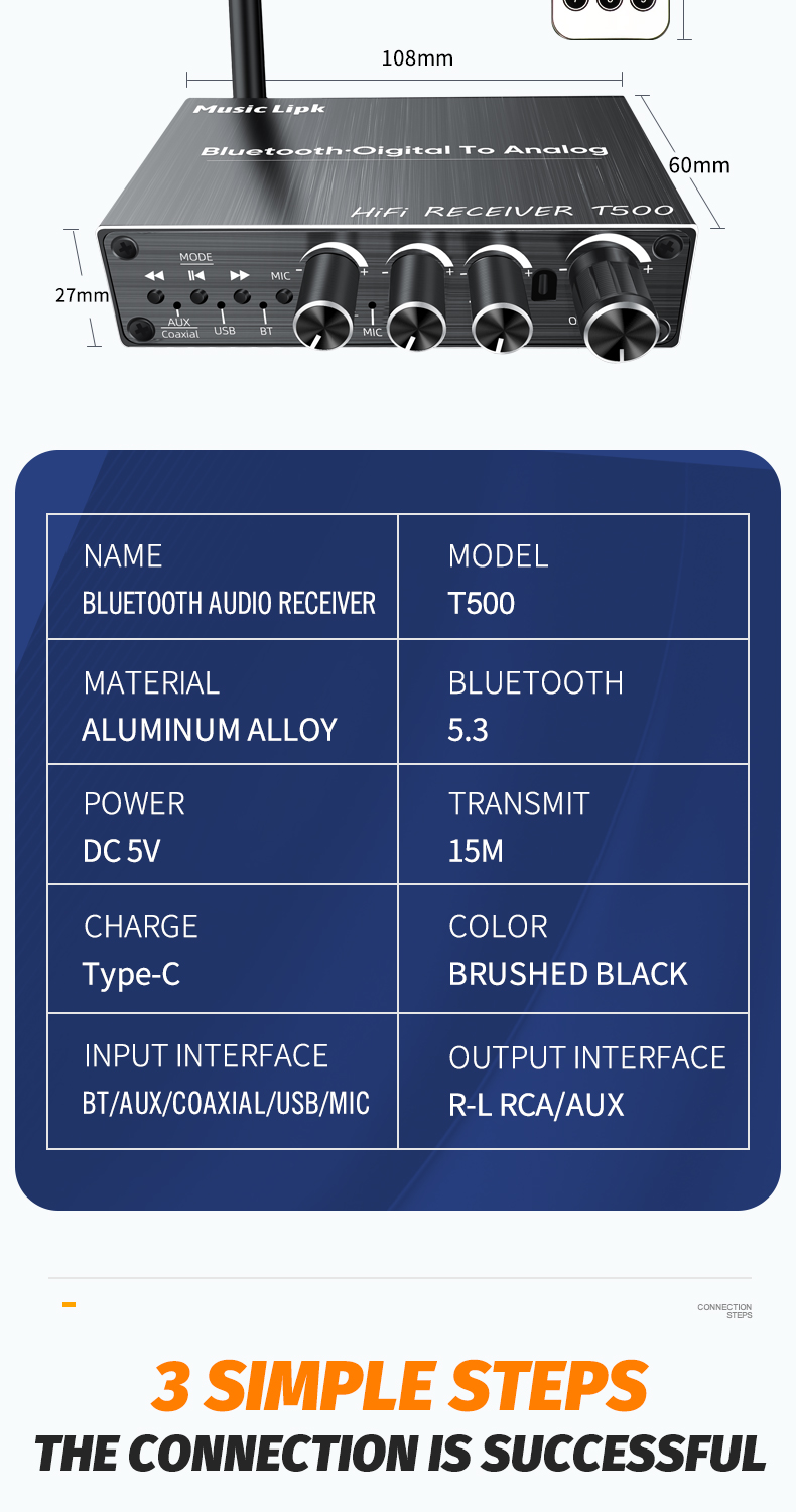 Bluetooth 5.3 Receiver Wireless Audio Adapter Support USB Disk ...