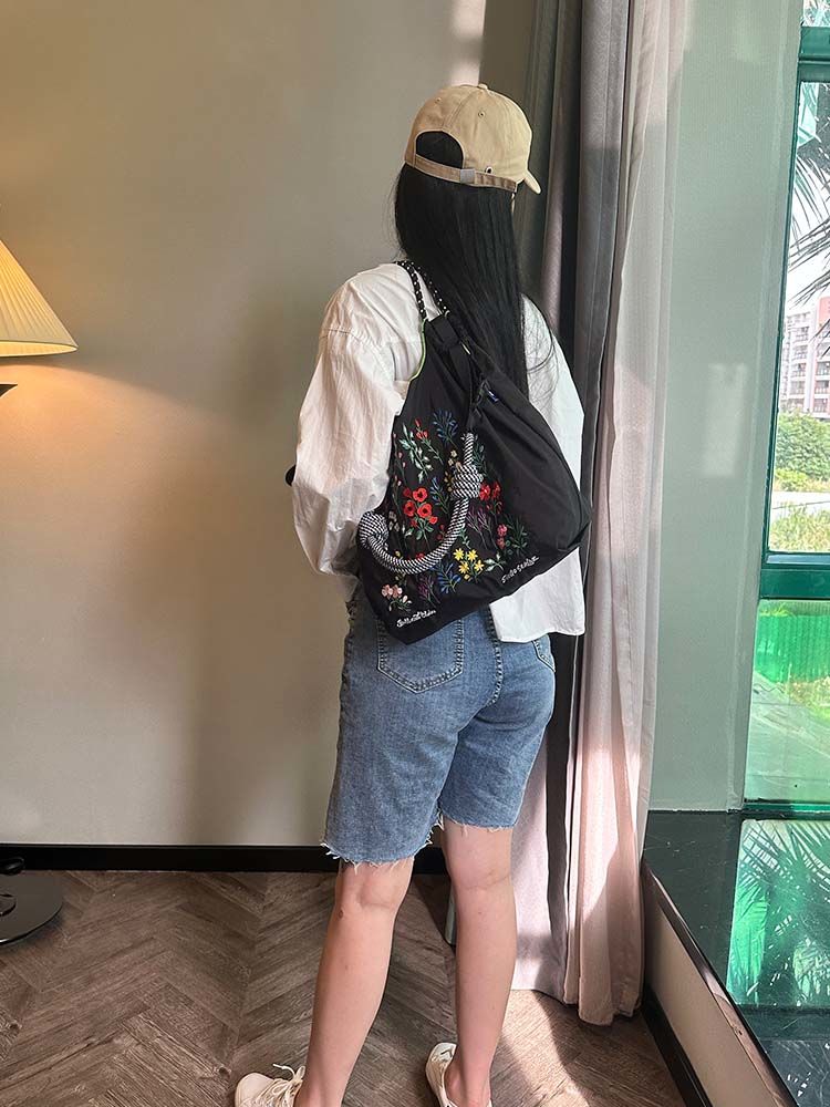 Japanese ball chain Flowers Eco-friendly Cloth Bag Embroidered Nylon ...