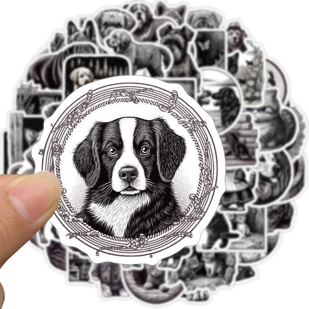 [Large sticker]50Pcs Cartoon Black and White Printmaking Animals ...