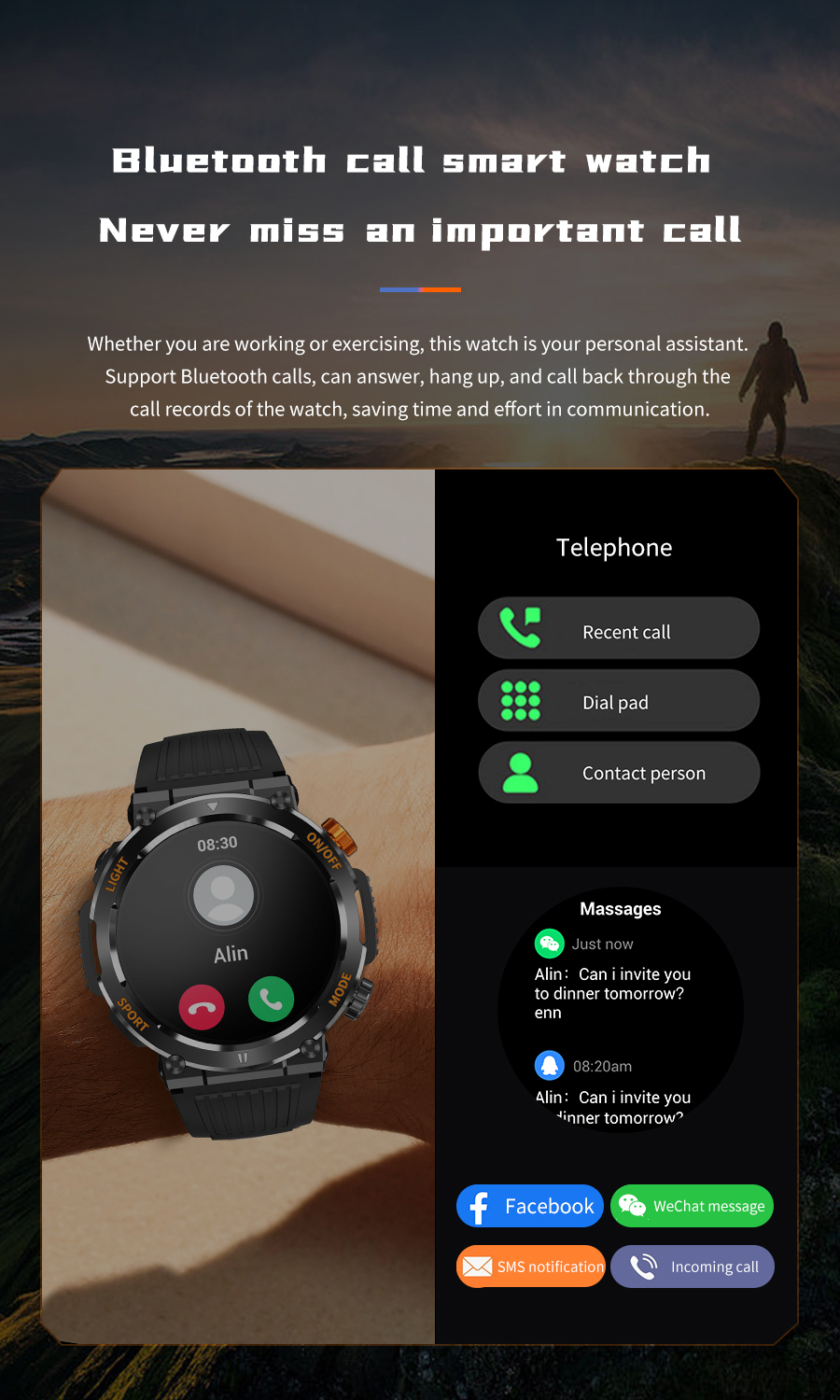 HT17 Military Smart Watch for Men with LED Flashlight 1.46" HD Screen ...