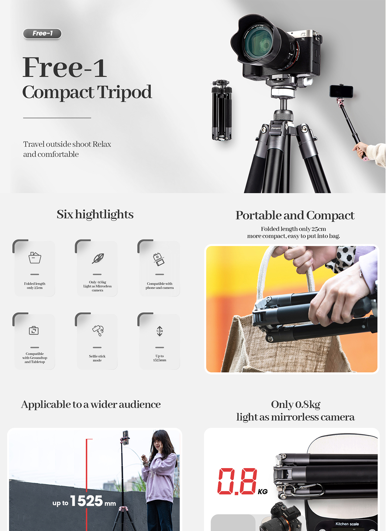Fotopro Free-1 Compact Tripod portable camera tripod, suitable for VLOG ...