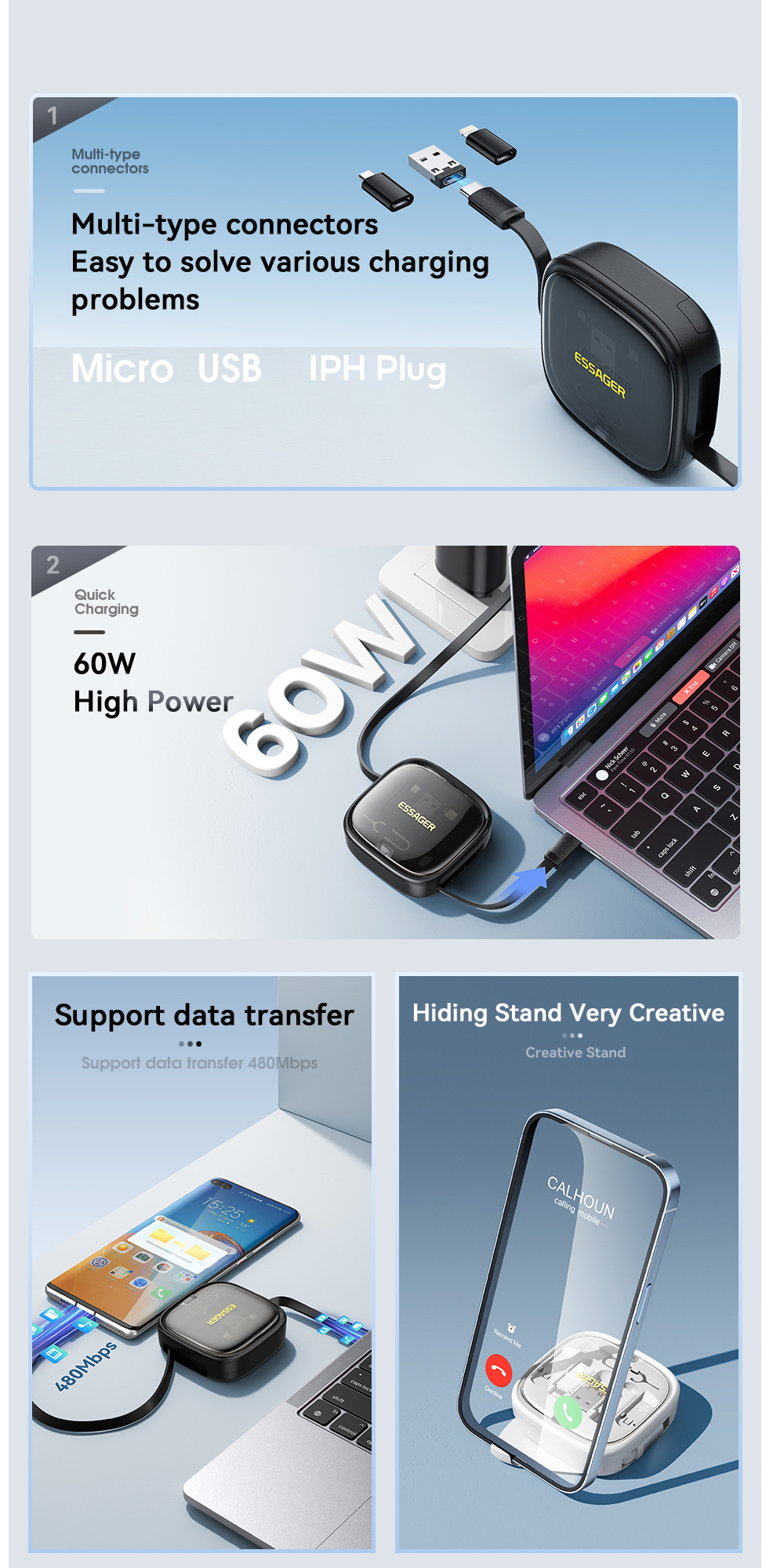 Essager 60W Stretchable 3A Fast Charging Cable Data Transfer 480Mbps ...