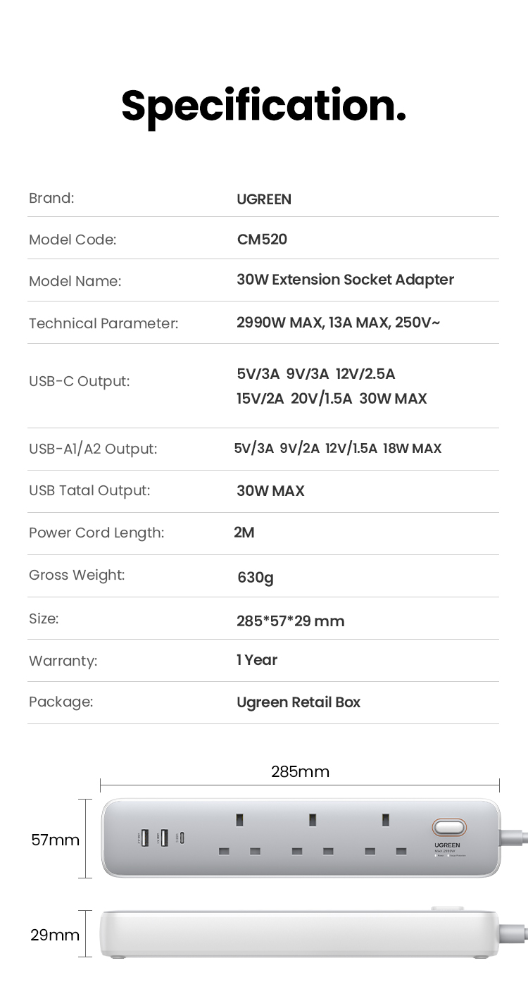 Ugreen PD65W 10 in 1 USB A, USB-C, AC Ports, Fast Charging Extension ...
