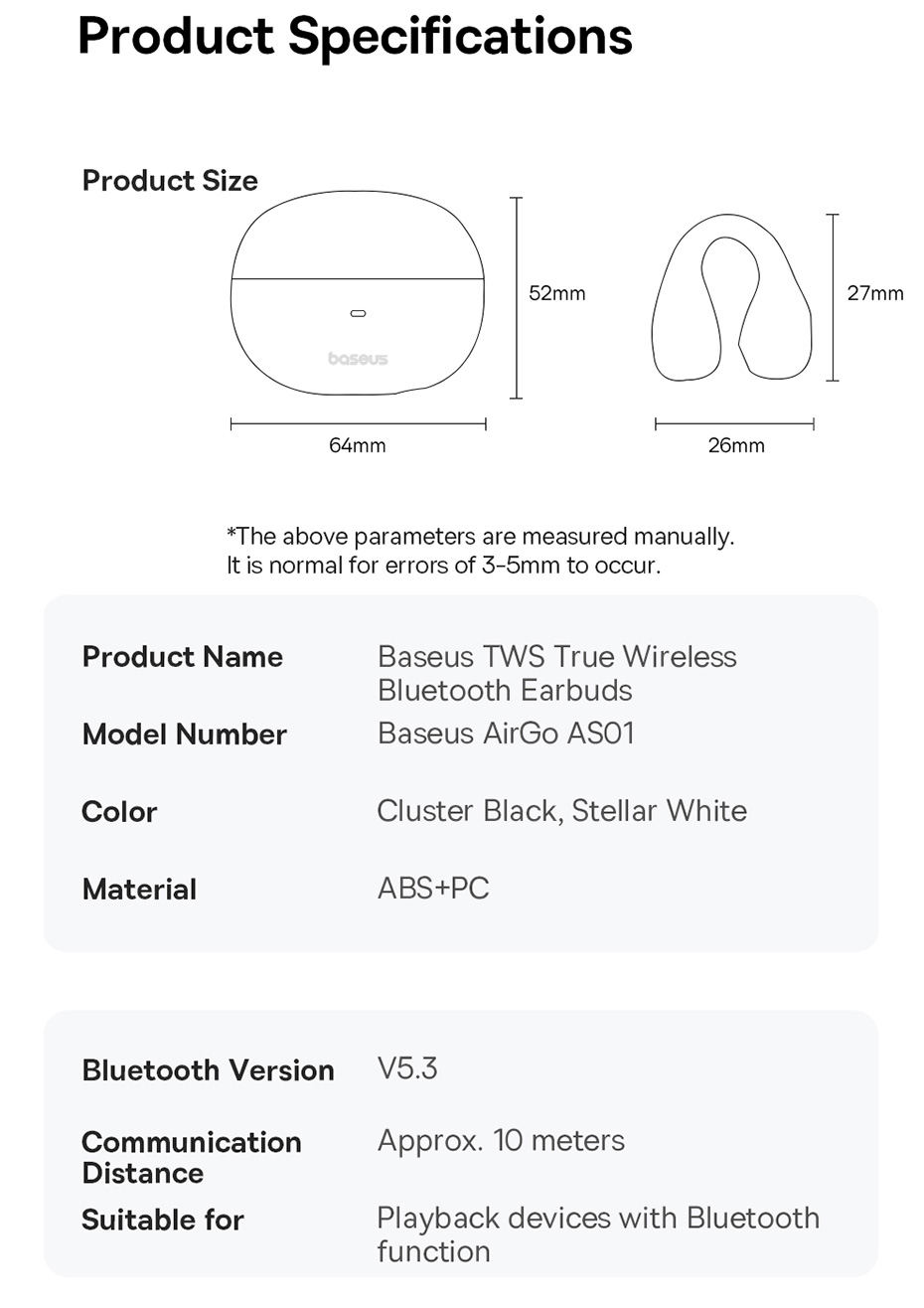 Baseus AirGo AS01 Open-Ear TWS Earbuds Wireless Earphone Bluetooth 5.3 ...