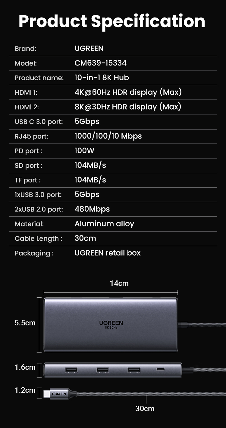 Ugreen 10-in-1 8K@30Hz 4K@60Hz Dual HDMI, USB A, UAB C, PD 100W, SD, TF ...