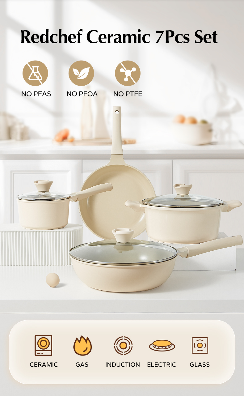 Redchef Nonstick Ceramic Rock 7 Pcs Kitchen Cookware Set Non PFAS& PTFE ...