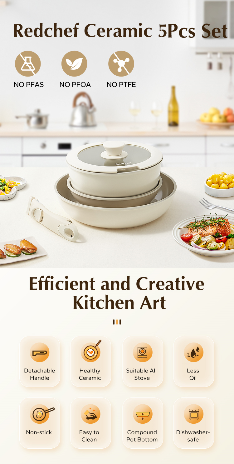 Redchef Nonstick Ceramic Rock Cookware Set Handle Removable 5Pcs/16Pcs ...