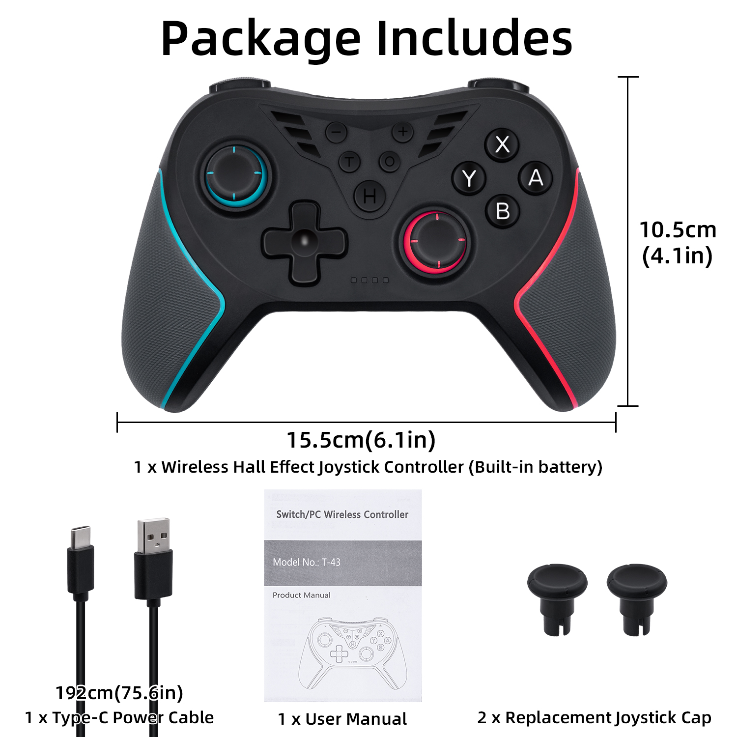 T43 Wireless Controller with Hall Effect Joystick for Nintendo Switch ...