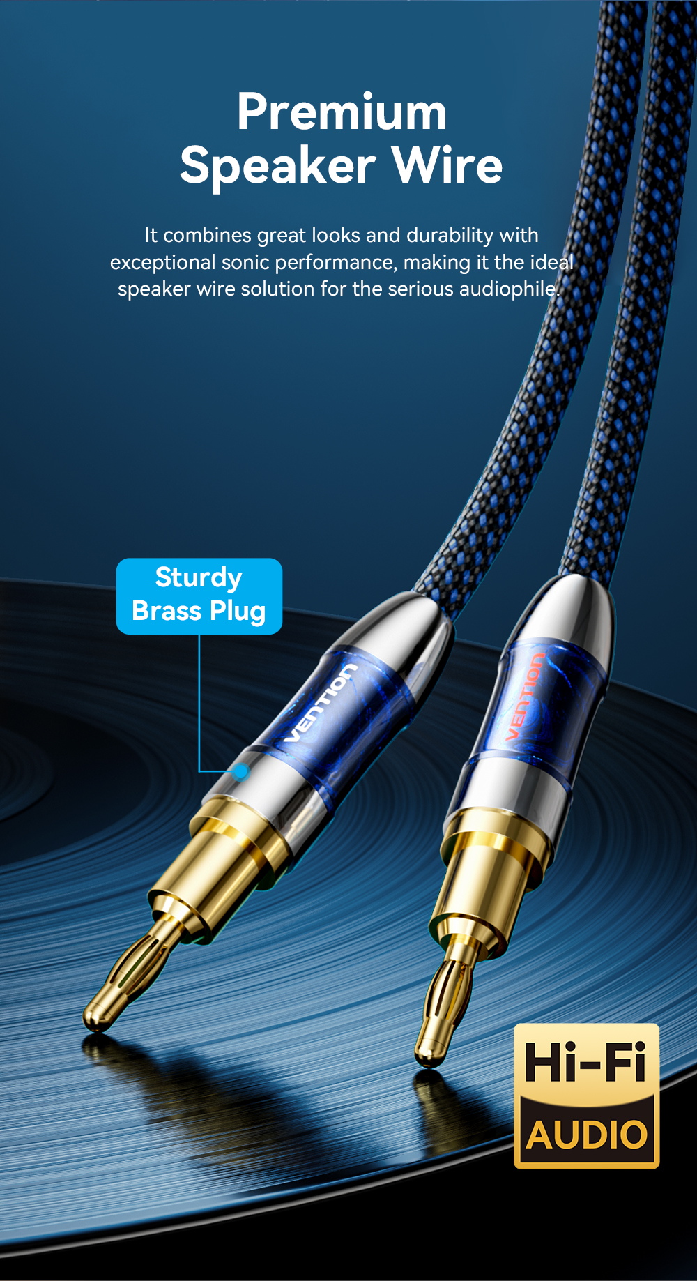 Vention Speaker Wire Hi-Fi With Dual Banana Plugs Cotton Braided Silver ...