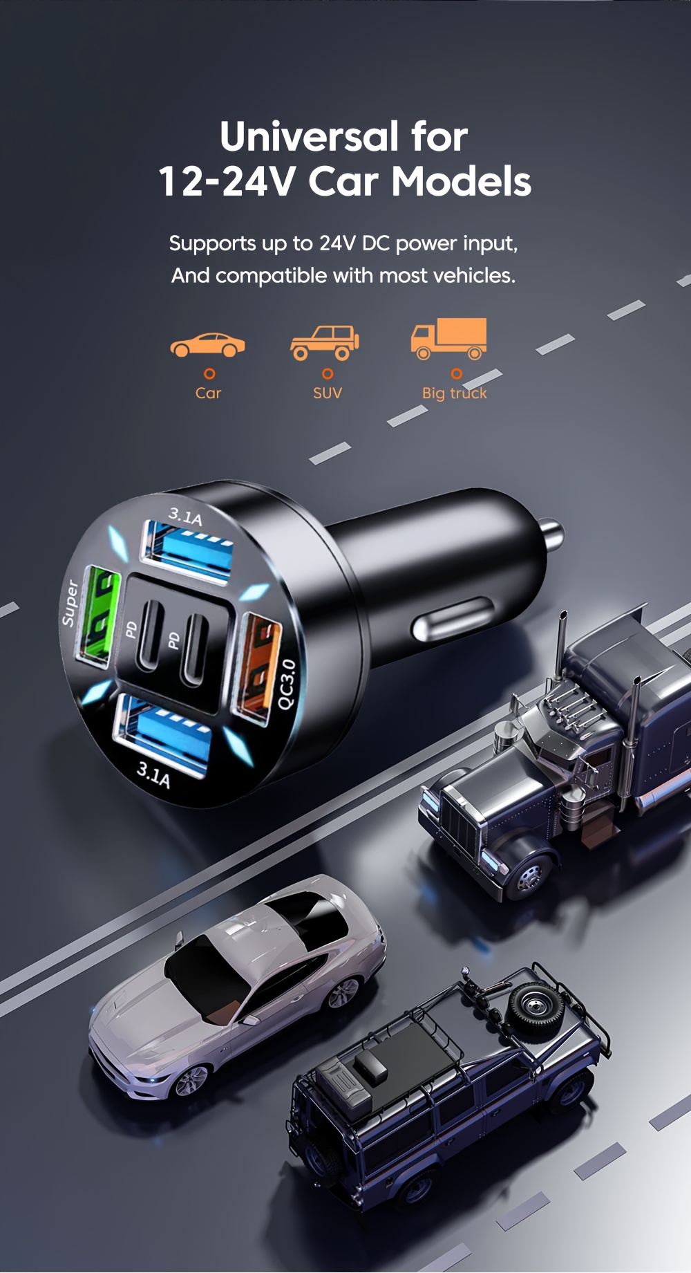 2024 New Car Charger Six-Port 66W Super Fast Charge 4 USB Ports And 2 ...