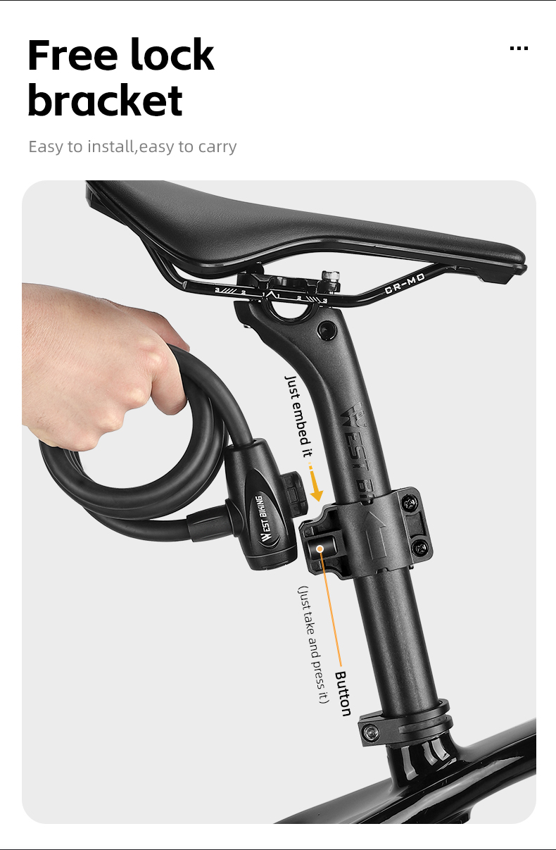 WEST BIKING 1.2M/1.5M Anti-Freeze Steel Cable Lock Mountain Road Bike ...