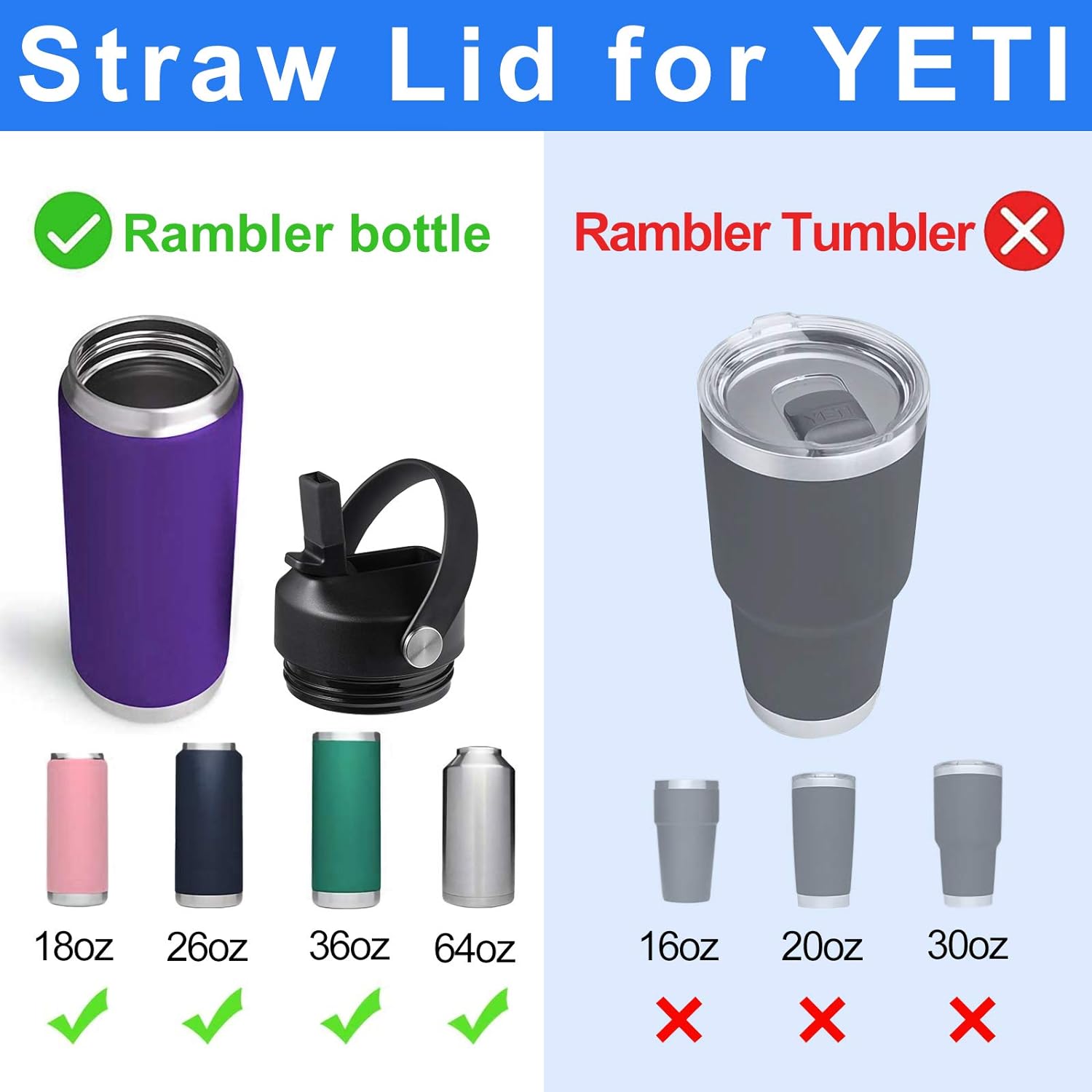 Straw lid for Yeti Rambler Water Bottle 18-64oz, Replacement Cap Straw ...