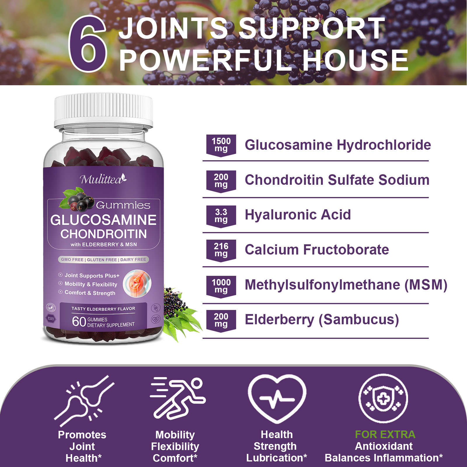 Mulittea Glucosamine Chondroitin With Elderberry & MSM Gummies Joint ...
