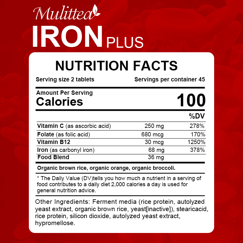 Mulittea Iron Plus Vitamin C + Folate + Vitamin B6, B12 Tablets Heart ...