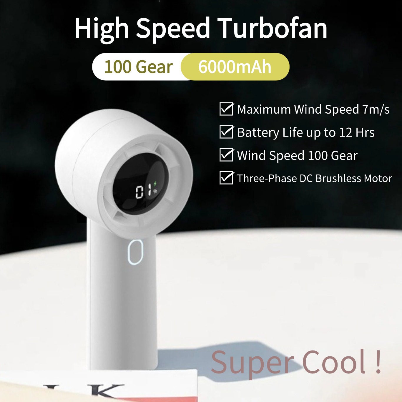 Upgrade Turbofan Portable Fan 100-Speed Strong Wind 6000mAh, LED ...