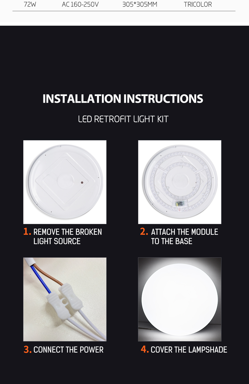 LED Ceiling Light Source 18W 24W 36W 48W 72 White/3 Color Light ...