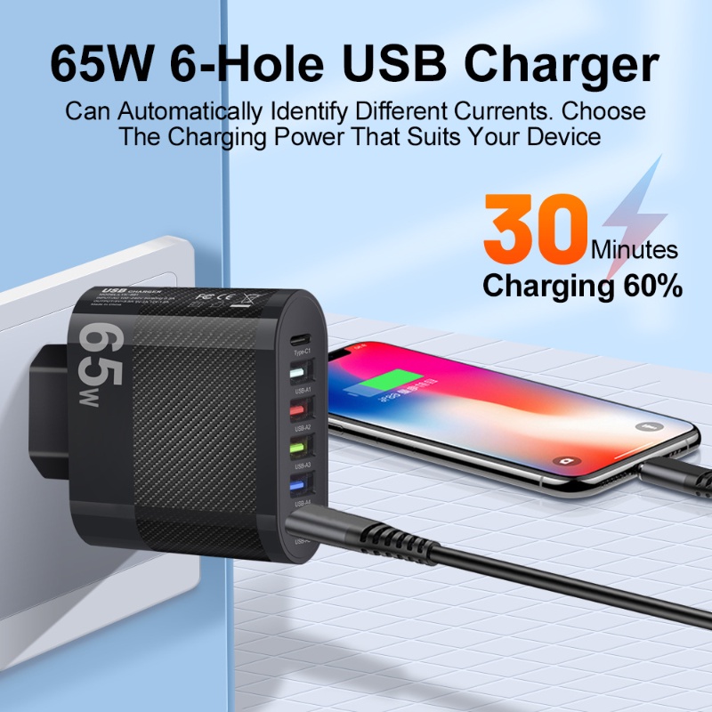 65W Multi-Port USB Charger Wall Charging For Mobile Phone Type C ...