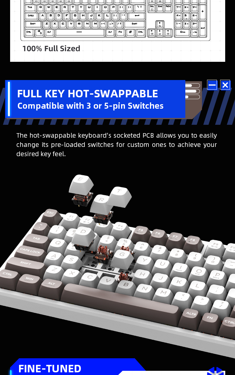 Thunderobot K98 Series Gasket Mount Mechanical Keyboard Hot Swappable RGB Backlight Wired 2.4G ...