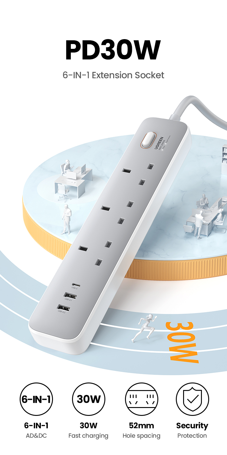 Ugreen PD30W 6-in-1 USB-A USB-C Fast Charging Extension Socket with 2m ...
