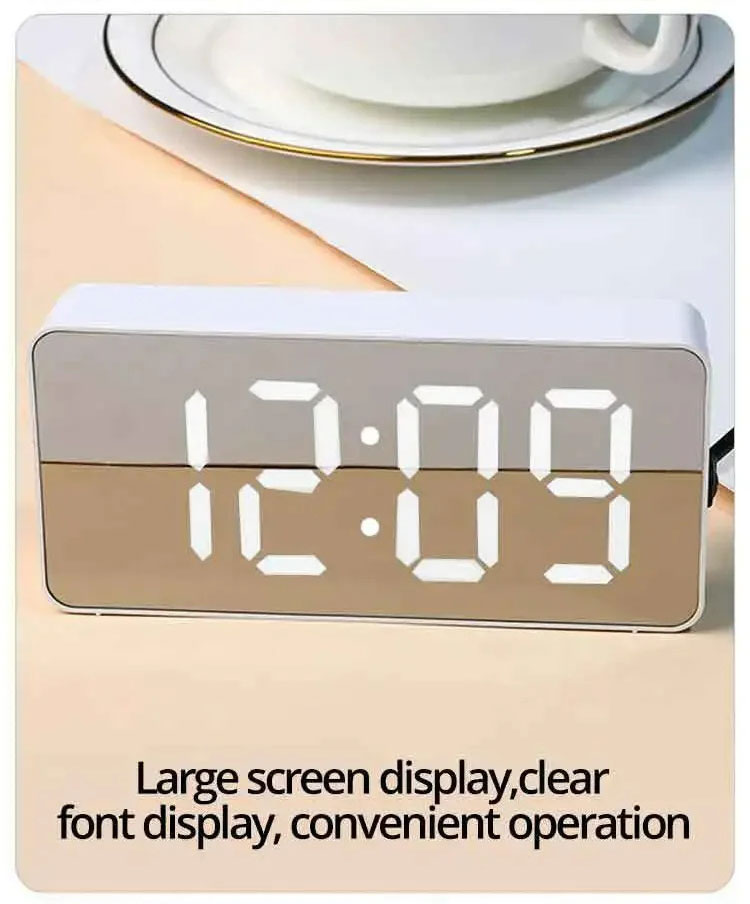 1Pc White LED Mirror Table Clock Snooze Display Time Night Light ...