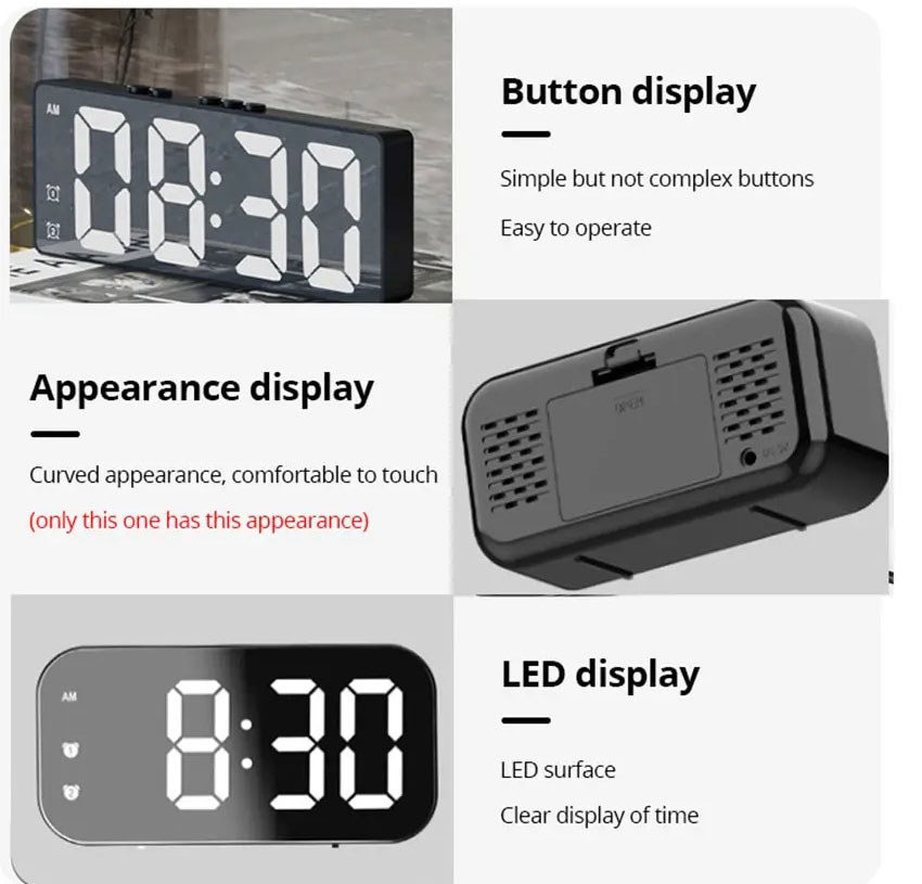 LED Mirror Digital Alarm Clock with Snooze Time Display for Desktop ...