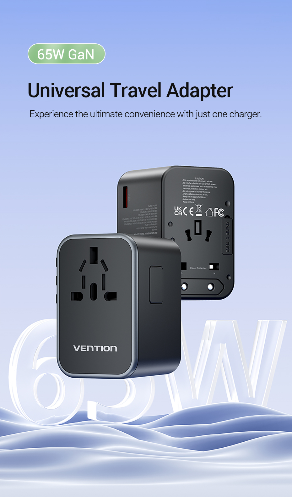 Vention 65W Travel Adapter Global Universal International GaN Charger AC + USB 2 in 1 Fast ...