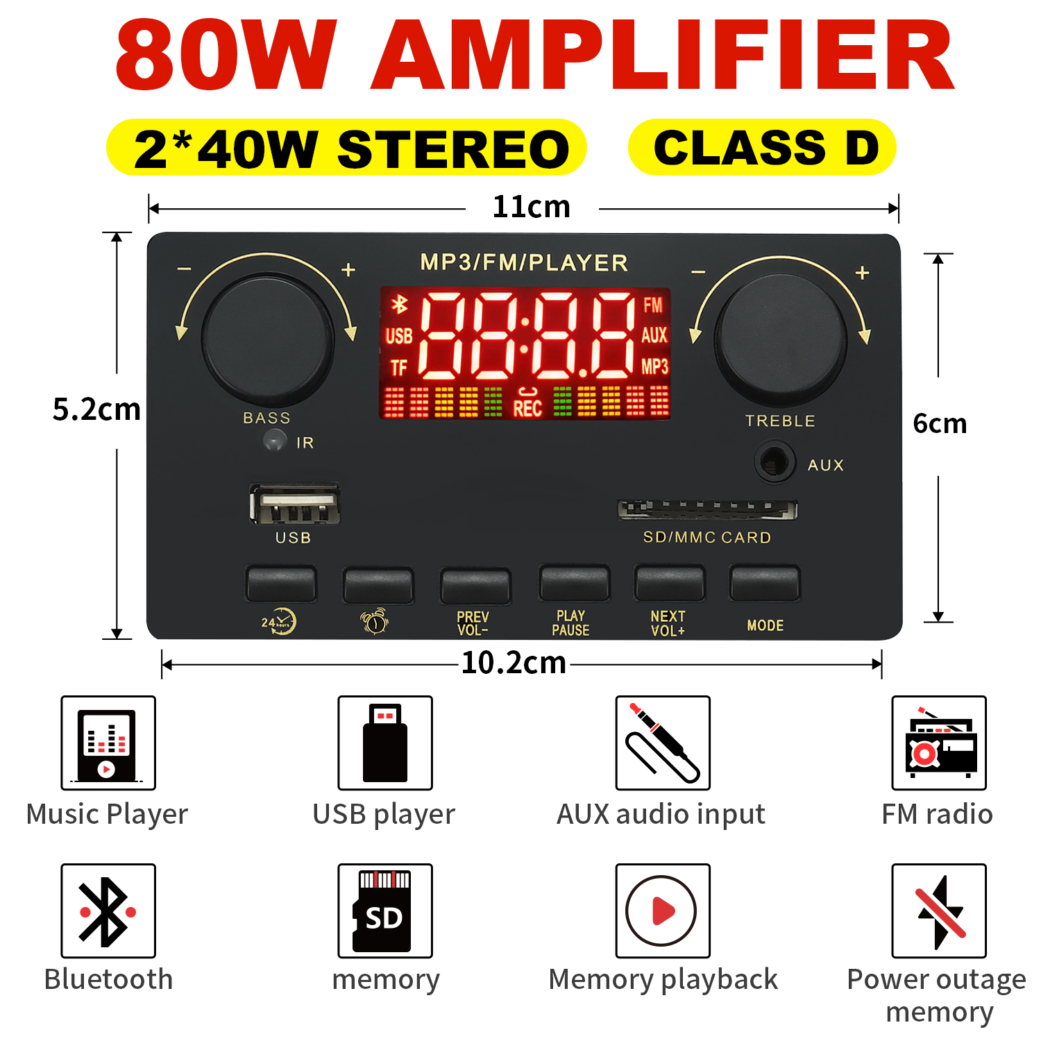 160W Amplifier Bluetooth 5.0 MP3 WMA APE Car Decoder Board, Alarm Clock ...